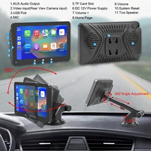 Portable Car Stereo with Wireless Apple Carplay and Android Auto, 7 Inch IPS Touchscreen Car Stereo with Backup Camera, Wireless Air Play, Bluetooth Handsfree, Mirror Link/Mic/TF/USB/AUX/Fast Charging