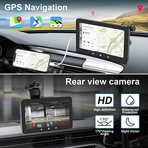 Portable Car Stereo with Wireless Apple Carplay and Android Auto, 7 Inch IPS Touchscreen Car Stereo with Backup Camera, Wireless Air Play, Bluetooth Handsfree, Mirror Link/Mic/TF/USB/AUX/Fast Charging