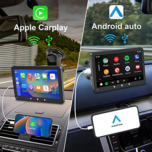 Portable Car Stereo with Wireless Apple Carplay and Android Auto, 7 Inch IPS Touchscreen Car Stereo with Backup Camera, Wireless Air Play, Bluetooth Handsfree, Mirror Link/Mic/TF/USB/AUX/Fast Charging