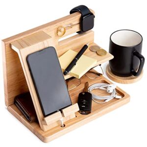 umbobee wood phone docking station – nightstand organizer for men & women, phone docking station, rubber wood, with watch holder, anniversary birthday