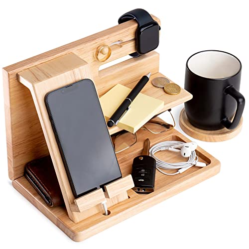 umbobee Wood Phone Docking Station - Nightstand Organizer for Men & Women, Phone Docking Station, Rubber Wood, with Watch Holder, Anniversary Birthday