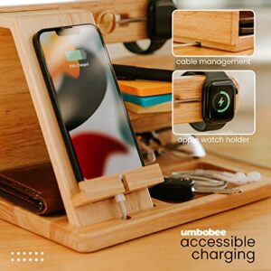 umbobee Wood Phone Docking Station - Nightstand Organizer for Men & Women, Phone Docking Station, Rubber Wood, with Watch Holder, Anniversary Birthday