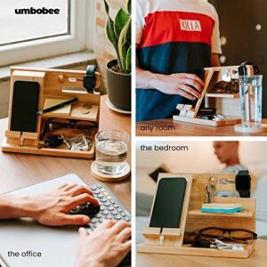 umbobee Wood Phone Docking Station - Nightstand Organizer for Men & Women, Phone Docking Station, Rubber Wood, with Watch Holder, Anniversary Birthday