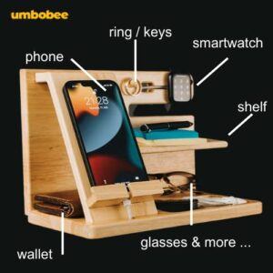 umbobee Wood Phone Docking Station - Nightstand Organizer for Men & Women, Phone Docking Station, Rubber Wood, with Watch Holder, Anniversary Birthday