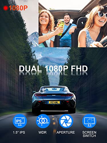 Dual Dash Cam 1080P, Dash Cam Front and Inside, Dash Camera for Cars with 32GB SD Card, Infrared Night Vision, 1.5 inch IPS Screen, Loop Recording, Accident Lock, WDR, Parking Monitor for Taxi Driver