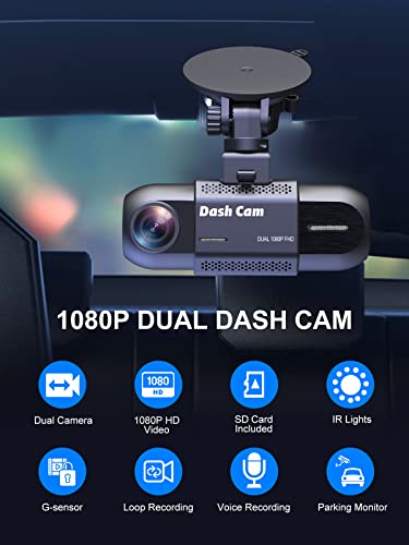 Dual Dash Cam 1080P, Dash Cam Front and Inside, Dash Camera for Cars with 32GB SD Card, Infrared Night Vision, 1.5 inch IPS Screen, Loop Recording, Accident Lock, WDR, Parking Monitor for Taxi Driver