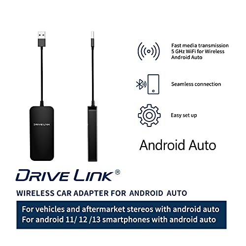 DriveLink Android Auto Wireless Adapter for Wired AA Car Wireless Android Auto Dongle for Android 11/12/13 Phone