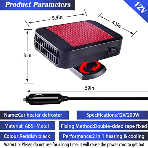 Car Heater Fan, 12V 200W Fast Heating Defrost Defogger 360 °Rotatable 2 in 1 Fast Heating & Cooling Function Defrosting Electric Heater Fan with Cigarette Lighter Plug