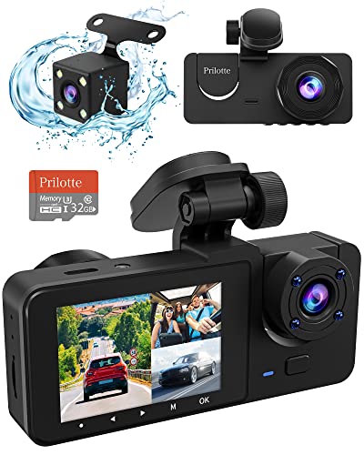 3 Channel Dash Cam Front and Rear Inside,1080P Full HD 170 Deg Wide Angle Dashboard Camera with 32GB SD Card,2.0 inch IPS Screen,Built in IR Night Vision,G-Sensor,Parking Mode,Loop Recording