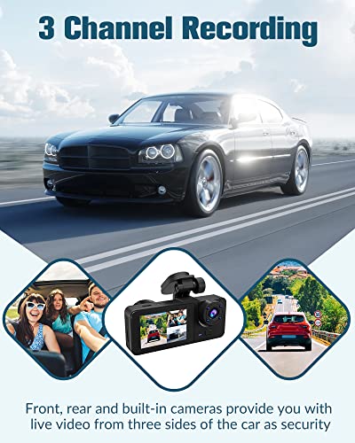 3 Channel Dash Cam Front and Rear Inside,1080P Full HD 170 Deg Wide Angle Dashboard Camera with 32GB SD Card,2.0 inch IPS Screen,Built in IR Night Vision,G-Sensor,Parking Mode,Loop Recording