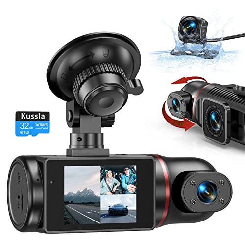 3 Channel Dash Cam Front and Rear Inside, Kussla FHD 1080P Dash Camera for Cars with SD Card, Rotatable Dashcam with Super Night Vision, Loop Recording, G-Sensor, WDR, Motion Detection