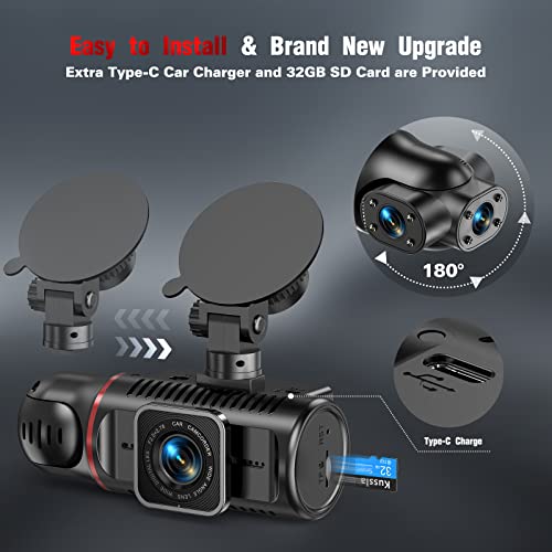 3 Channel Dash Cam Front and Rear Inside, Kussla FHD 1080P Dash Camera for Cars with SD Card, Rotatable Dashcam with Super Night Vision, Loop Recording, G-Sensor, WDR, Motion Detection