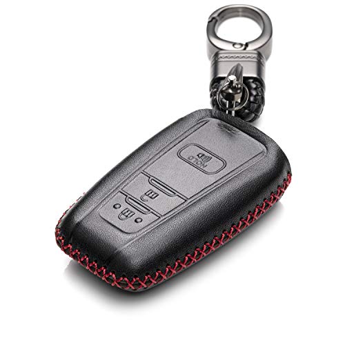 Vitodeco Genuine Leather Smart Key Fob Case Compatible with Toyota Rav4 2021, Camry 2022, Prius 2021, Highlander 2022, CH-R 2021, Avalon 2021, Toyota 86 2020, Mirai 2022 (3 Buttons, Black/Red)