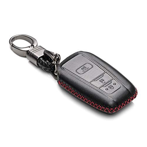 Vitodeco Genuine Leather Smart Key Fob Case Compatible with Toyota Rav4 2021, Camry 2022, Prius 2021, Highlander 2022, CH-R 2021, Avalon 2021, Toyota 86 2020, Mirai 2022 (3 Buttons, Black/Red)