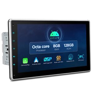 xtrons universal double din car stereo, android 12 octa core 8gb+128gb car radio, 10.1 inch rotatable qled ips touch screen gps navigation for car bluetooth head unit dsp car play android auto 4g lte