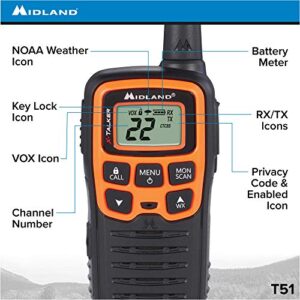 Midland T51VP3 22 Channel FRS Walkie Talkie - Up to 28 Mile Range Two-Way Radio - Orange/Black (Pack of 6)