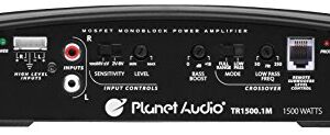 Planet Audio TR1500.1M Monoblock Car Amplifier - 1500 Watts, 2/4 Ohm Stable, Class A/B, Mosfet Power Supply, Great for Subwoofers