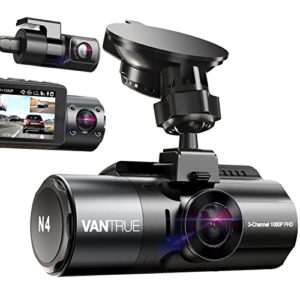 vantrue n4 3 channel 4k dash cam, 4k+1080p front and rear, 1440p+1440p front and inside, 1440p+1440p+1080p three way triple car camera, ir night vision, 24hr parking mode, capacitor, support 256gb max