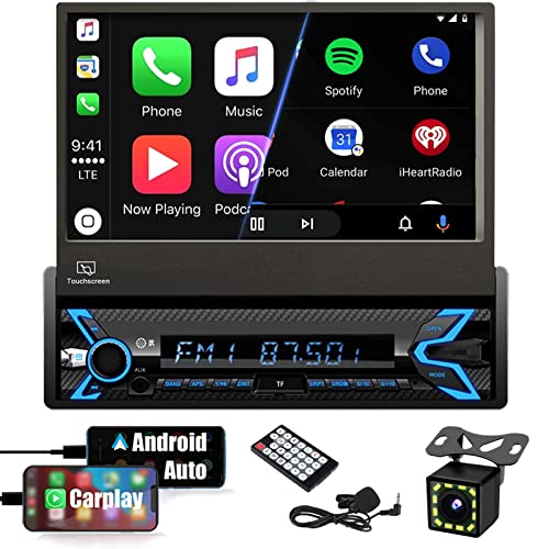 Single Din Car Stereo Player Compatible with Apple Carplay & Android Auto–7 Inch Flip Out Touchscreen Car Radio with Bluetooth| Mirror Link| Backup Camera| USB/SD/AUX Input| AM FM| Subwoofer| DSP