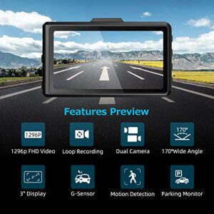 Dash Cam Front and Rear, SPADE Dual Dash Camera 1080P with 32G SD Card, Waterproof Backup Camera, DVR Car Dashboard Camera 1296P with Night Vision WDR G-Sensor Parking Monitor Loop Recording[Up-Grade]