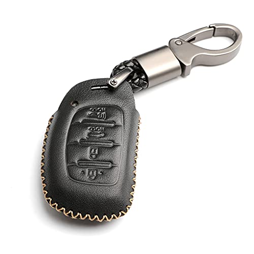 WFMJ Leather for Hyundai Elantra Sonata Tucson Remote Smart 4 Buttons Key Fob Case Keychain Cover Chain (Black)