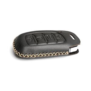 WFMJ Leather for Hyundai Elantra Sonata Tucson Remote Smart 4 Buttons Key Fob Case Keychain Cover Chain (Black)