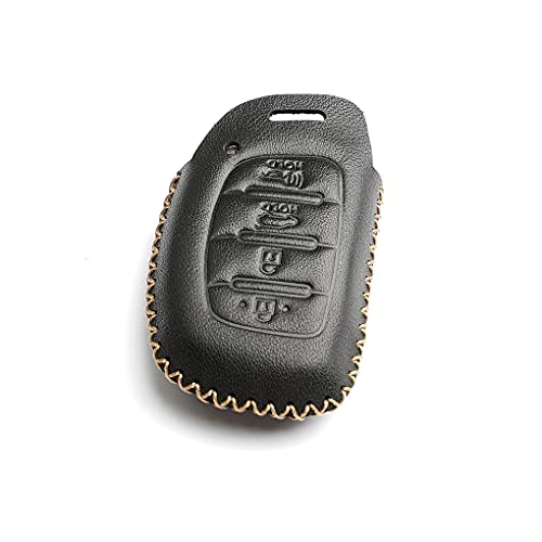 WFMJ Leather for Hyundai Elantra Sonata Tucson Remote Smart 4 Buttons Key Fob Case Keychain Cover Chain (Black)