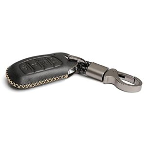 WFMJ Leather for Hyundai Elantra Sonata Tucson Remote Smart 4 Buttons Key Fob Case Keychain Cover Chain (Black)