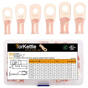 copper battery ring terminal connectors,ul listed awg cable wire lugs ends assorted 6 sizes kit-40pcs,marine grade wiring eyelets