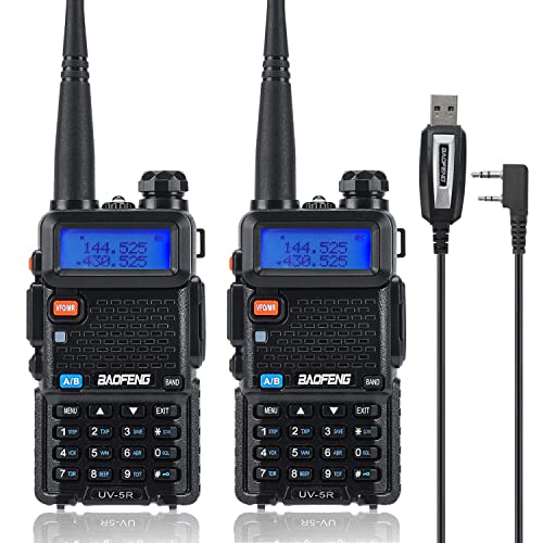 BAOFENG 2 Pcs UV-5R Dual Band Amateur Radio VHF/UHF Walkie Talkie 1800mAh Battery with Programming Cable