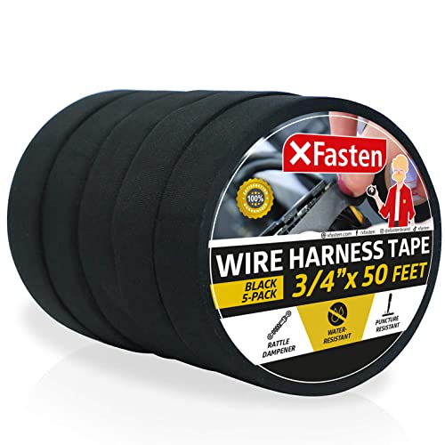 XFasten Wire Harness Tape, 3/4-Inch by 50-Foot (5-Pack), High Temp Wiring Loom Harness Self-Adhesive Felt Cloth Electrical Tape for Automotive Engine and Electrical Wiring