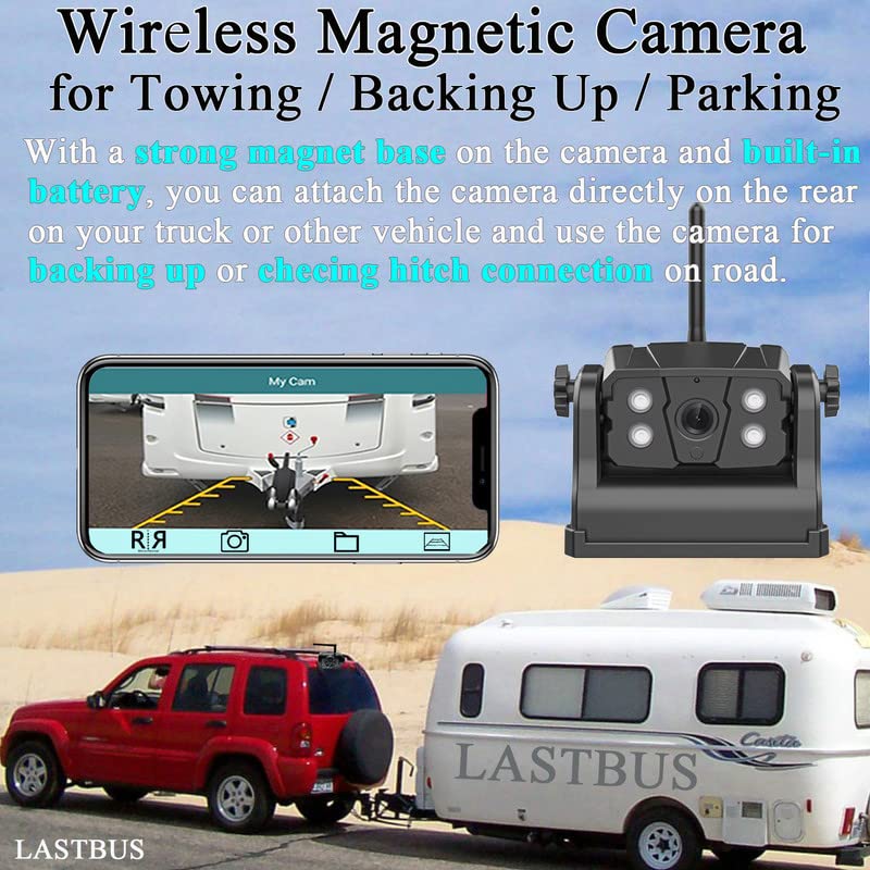 Magnetic Wireless Backup Camera - LASTBUS Rechargeable Magnetic WiFi Backup Camera for Easy Hitching Gooseneck Horse Boat Travel Trailer Fifth Wheels RV Camper for iPhone iPad Android, Easy to Install