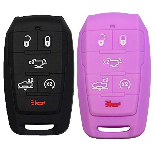 Btopars 2pcs 6 Buttons Silicone Rubber Remote Smart Key Fob Case Cover Protector Holder Compatible with Dodge Ram 1500 2019 2020 2021 2022 Black Purple