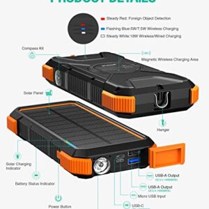 BLAVOR Magnetic Wireless Power Bank, PD 18W QC3.0 Fast Charging Qi 10W Wireless Solar Charger 20000mAh Battery Pack, 4 Outputs 2 Inputs, Flashlight, Compass, Compatible with iPhone 14/13/12 Series