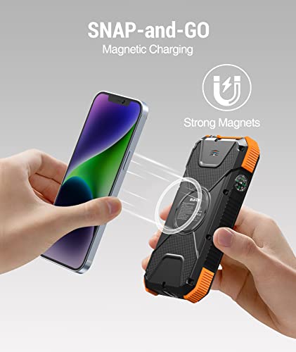 BLAVOR Magnetic Wireless Power Bank, PD 18W QC3.0 Fast Charging Qi 10W Wireless Solar Charger 20000mAh Battery Pack, 4 Outputs 2 Inputs, Flashlight, Compass, Compatible with iPhone 14/13/12 Series