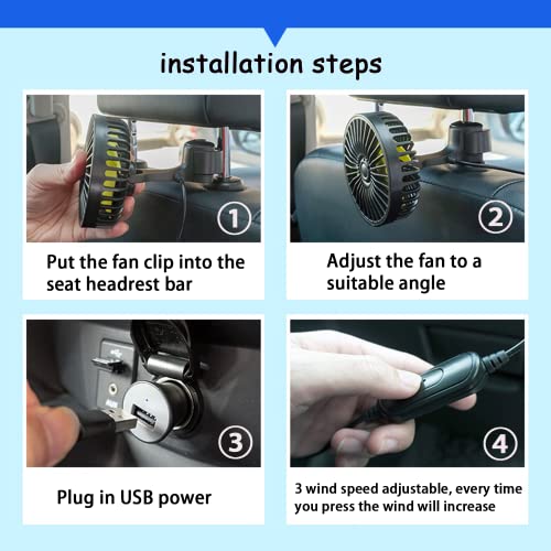 Kwak's Car Fan for Backseat,USB Baby Pet Car Seat Rear Seat Headrest Fan 3 Speed Vehicle Clip Fan with 5 Piece Fan Blades for Car Truck Van