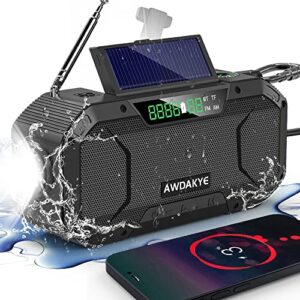 5000mah emergency weather radio with bluetooth speaker, waterproof hand crank digital noaa am fm weather radio, solar radio with flashlight, cell phone charger, compass, camping survival gear