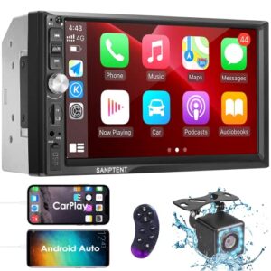 double din car stereo radio compatible with apple carplay and android auto, 7-inch hd touchscreen with voice control, mirror link, backup camera, steering wheel, bluetooth, am/fm, usb/tf/aux port