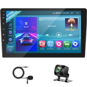 2g+32g wireless apple carplay car stereo, 9″ touch screen android 11 double din car radio, hd backup camera bluetooth audio gps navigation wifi subw android auto usb fm/rds radio external mic