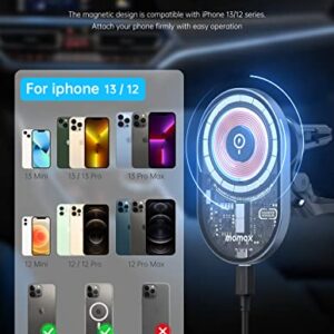 MOMAX Magnetic Wireless Charging Car Charger, Transparent Mag-Safe Compatible Charging Air Vent Mount, Compatible with iPhone 14/14 Max/14Pro/14Pro Max/13/13 Pro/13 Pro Max/12Series and Magnetic Case