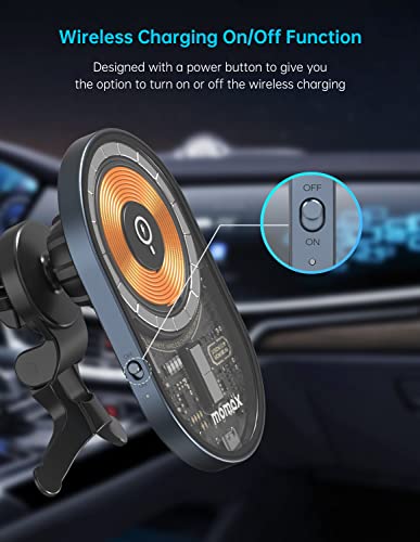 MOMAX Magnetic Wireless Charging Car Charger, Transparent Mag-Safe Compatible Charging Air Vent Mount, Compatible with iPhone 14/14 Max/14Pro/14Pro Max/13/13 Pro/13 Pro Max/12Series and Magnetic Case