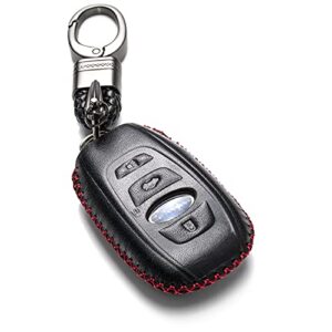 vitodeco leather keyless remote smart key fob case cover with a key chain compatible for subaru forester, impreza, outback, wrx, brz, xv crosstrek, ascent 2014 – 2023 (4-button, black/red)