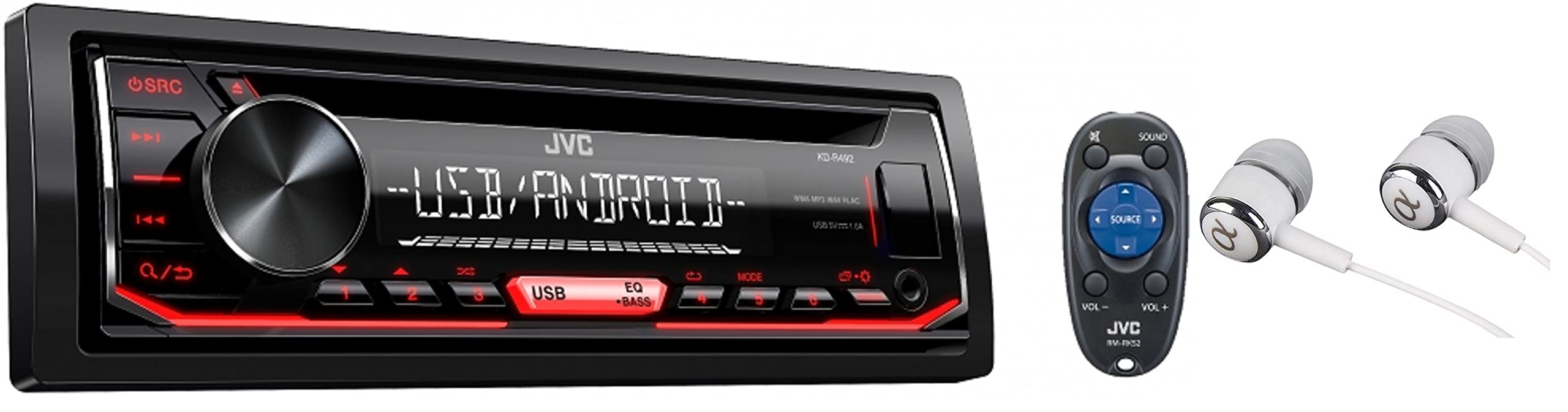 JVC Stereo Car Single DIN In-Dash CD MP3 Car Stereo Receiver Front USB AUX Inputs Android Control AM FM Radio Player with Remote Control / FREE ALPHASONIK EARBUDS