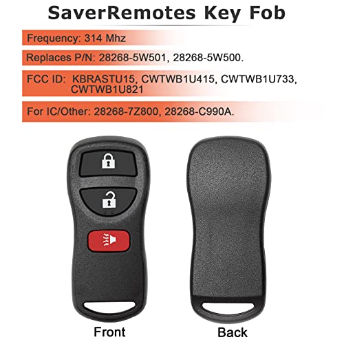 SaverRemotes for Nissan Armada Frontier Murano NV Pathfinder Quest Sentra Titan Versa Xterra Keyless Entry Remote Replacement KBRASTU15 (Pack of 2)