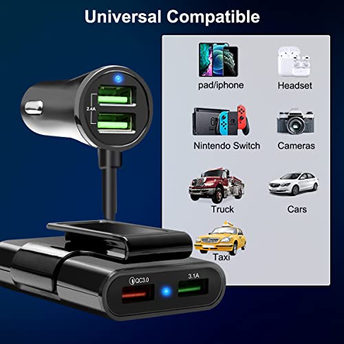 4 Multi Ports Car Charger, QC 3.0 Car Charger Adapter USB Car Charger for Smart Phone, Multi Cigarette Lighter Adapter Power Outlet Splitter Extender with 5FT Cable for Front and Back Seat Charging