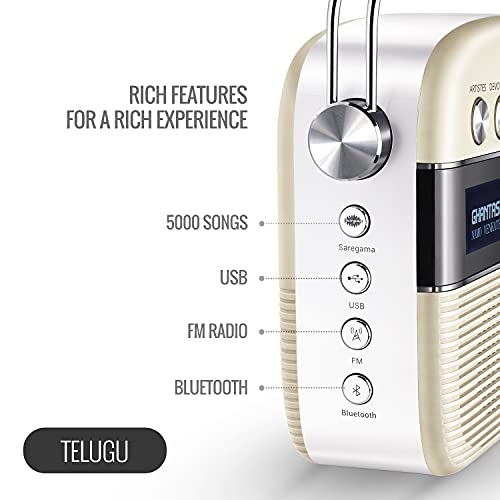 Saregama Carvaan Telugu - Portable Music Player with 5000 Preloaded Songs, FM/BT/AUX (Porcelain White)