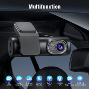 Sarmert Dash Cam Front and Rear with 64GB SD Card, 4K Car Dashcam+1080P Backup Camera Built-in 5G WiFi GPS, Small Dual Dash Camera for Cars with WDR Night Vision, 170° Wide Angle, 24H Parking Mode