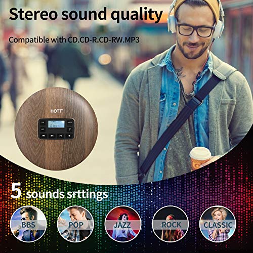 HOTT CD611 Portable CD Player for Home Travel and Car with Stereo Headphones, Anti-Shock ,Wood Grain