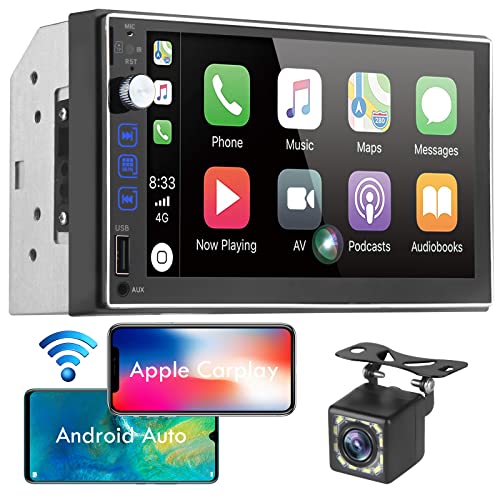 Double Din Car Stereo with Wireless Apple CarPlay & Android Auto - 7" Touchscreen Car Radio with Bluetooth | Backup Camera | Mirror Link | FM Radio Receiver (Wireless carplay)