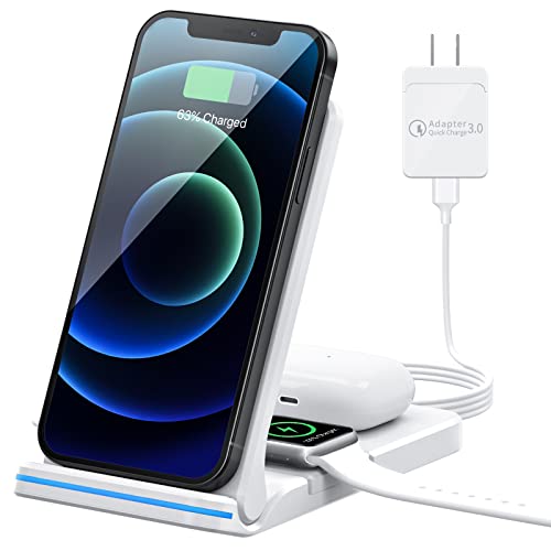 Wireless Charger 3 in 1 Wireless Charging Station Qi Fast Charger Stand for iPhone 13/12/11/Pro/Max/XR/XS/XS Max/X /8/8 Plus, Apple Watch, Airpods 2/Pro, Samsung Galaxy Phone with 18W Adapter, White